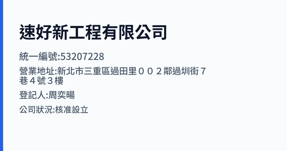 速好新工程有限公司 - 統編 53207228(新北市) 公司登記資料與營業項目詳細圖表