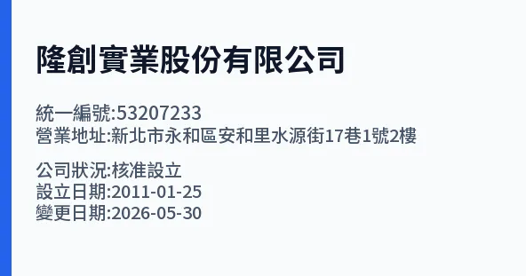 隆創實業股份有限公司的照片-統編 53207233 公司登記資料與營業項目詳細圖表