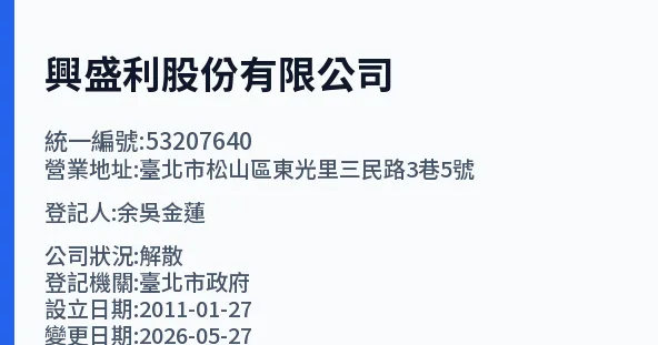 興盛利股份有限公司的照片-統編 53207640(臺北市) 公司登記資料與營業項目詳細圖表