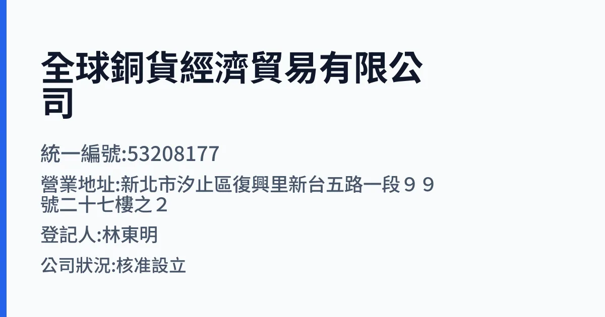 全球銅貨經濟貿易有限公司 - 統編 53208177(新北市) 公司登記資料與營業項目詳細圖表