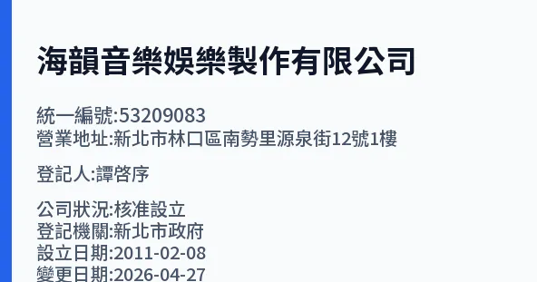 海韻音樂娛樂製作有限公司的照片-統編 53209083(新北市) 公司登記資料與營業項目詳細圖表