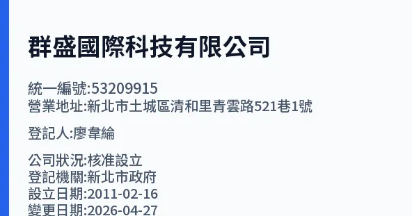 群盛國際科技有限公司的照片-統編 53209915(新北市) 公司登記資料與營業項目詳細圖表
