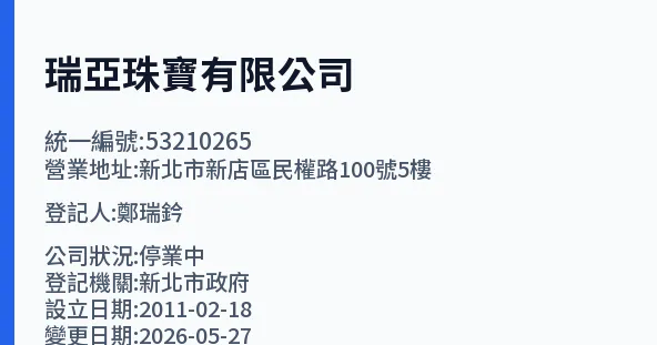 瑞亞珠寶有限公司的照片-統編 53210265(新北市) 公司登記資料與營業項目詳細圖表
