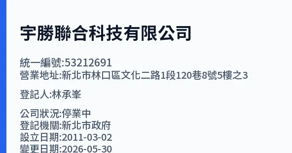 宇勝聯合科技有限公司的照片-統編 53212691(新北市) 公司登記資料與營業項目詳細圖表