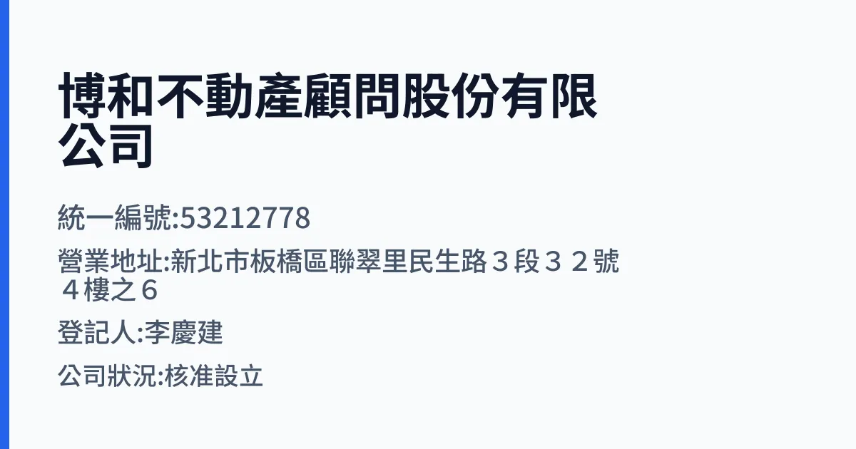 博和不動產顧問股份有限公司 - 統編 53212778(新北市) 公司登記資料與營業項目詳細圖表