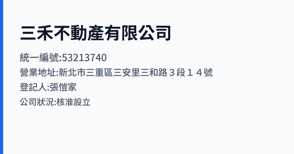 三禾不動產有限公司 - 統編 53213740（新北市） 公司登記資料與營業項目詳細圖表