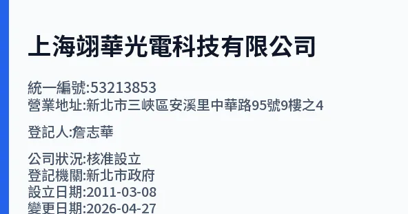 上海翊華光電科技有限公司的照片-統編 53213853(新北市) 公司登記資料與營業項目詳細圖表