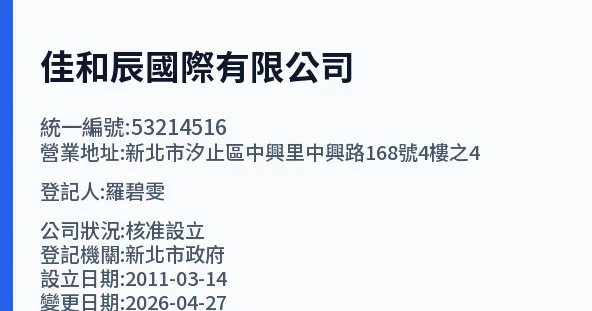 佳和辰國際有限公司的照片-統編 53214516(新北市) 公司登記資料與營業項目詳細圖表