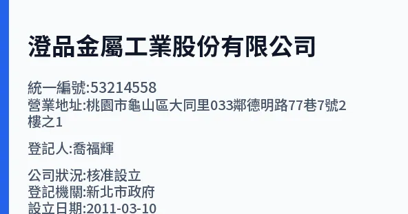 澄品金屬工業股份有限公司的照片-統編 53214558(桃園市) 公司登記資料與營業項目詳細圖表