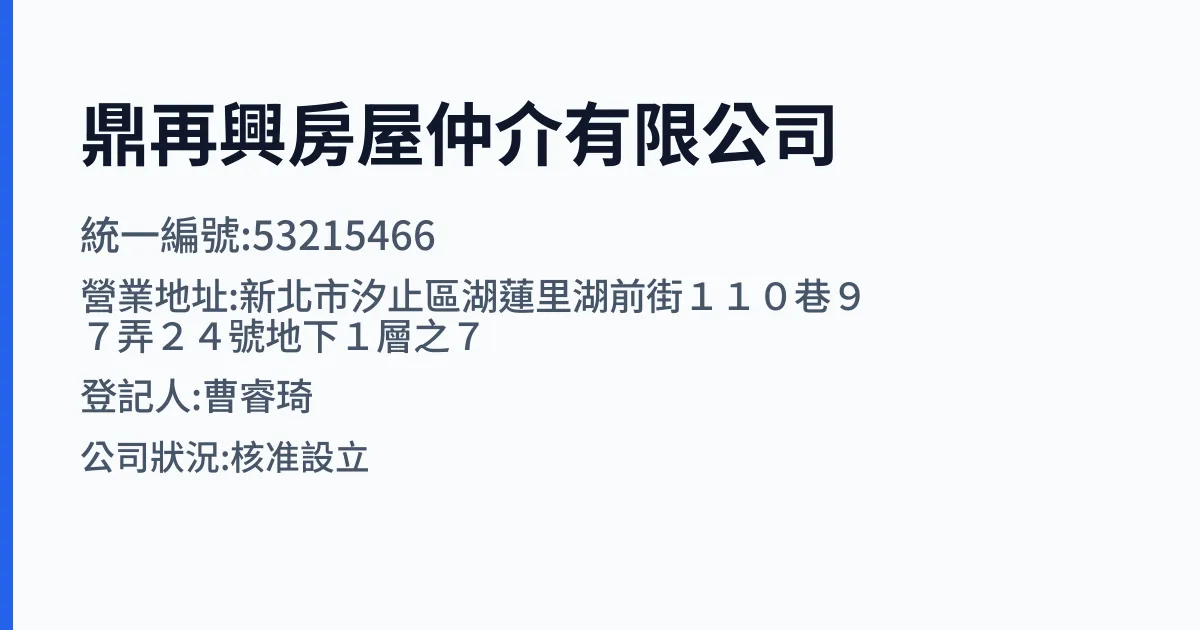 鼎再興房屋仲介有限公司 - 統編 53215466(新北市) 公司登記資料與營業項目詳細圖表