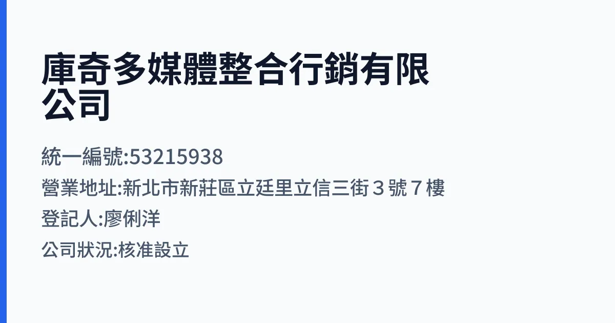 庫奇多媒體整合行銷有限公司 - 統編 53215938(新北市) 公司登記資料與營業項目詳細圖表