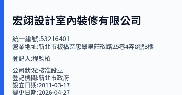 宏翊設計室內裝修有限公司的照片-統編 53216401(新北市) 公司登記資料與營業項目詳細圖表