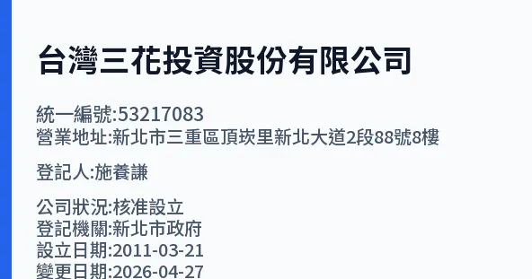 台灣三花投資股份有限公司的照片-統編 53217083(新北市) 公司登記資料與營業項目詳細圖表