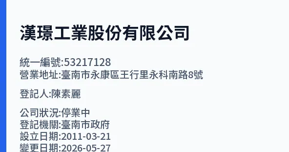 漢璟工業股份有限公司的照片-統編 53217128(臺南市) 公司登記資料與營業項目詳細圖表