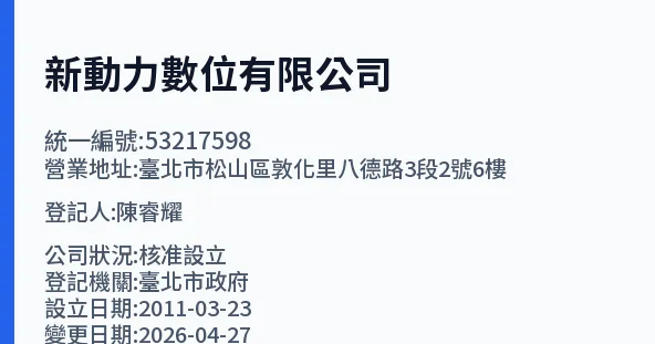 新動力數位有限公司的照片-統編 53217598(臺北市) 公司登記資料與營業項目詳細圖表