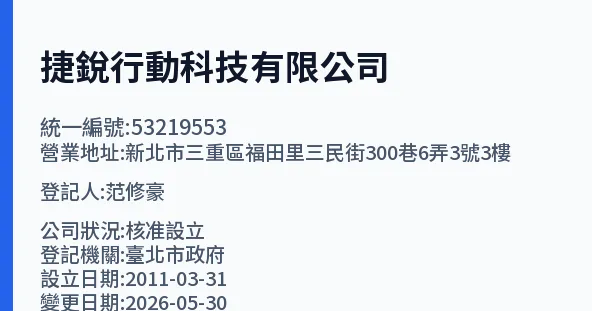 捷銳行動科技有限公司的照片-統編 53219553(新北市) 公司登記資料與營業項目詳細圖表