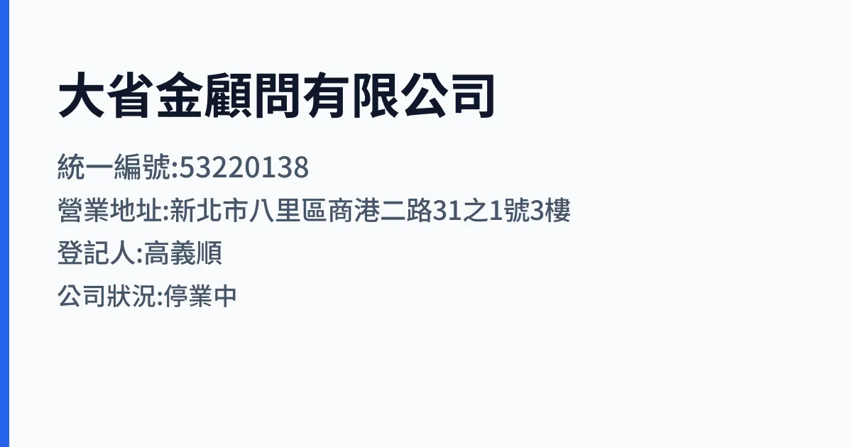 大省金顧問有限公司 - 統編 53220138(新北市) 公司登記資料與營業項目詳細圖表