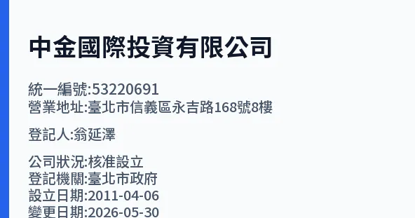 中金國際投資有限公司的照片-統編 53220691(臺北市) 公司登記資料與營業項目詳細圖表