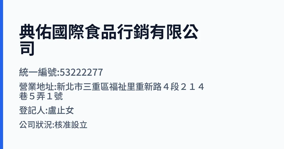 典佑國際食品行銷有限公司 - 統編 53222277(新北市) 公司登記資料與營業項目詳細圖表