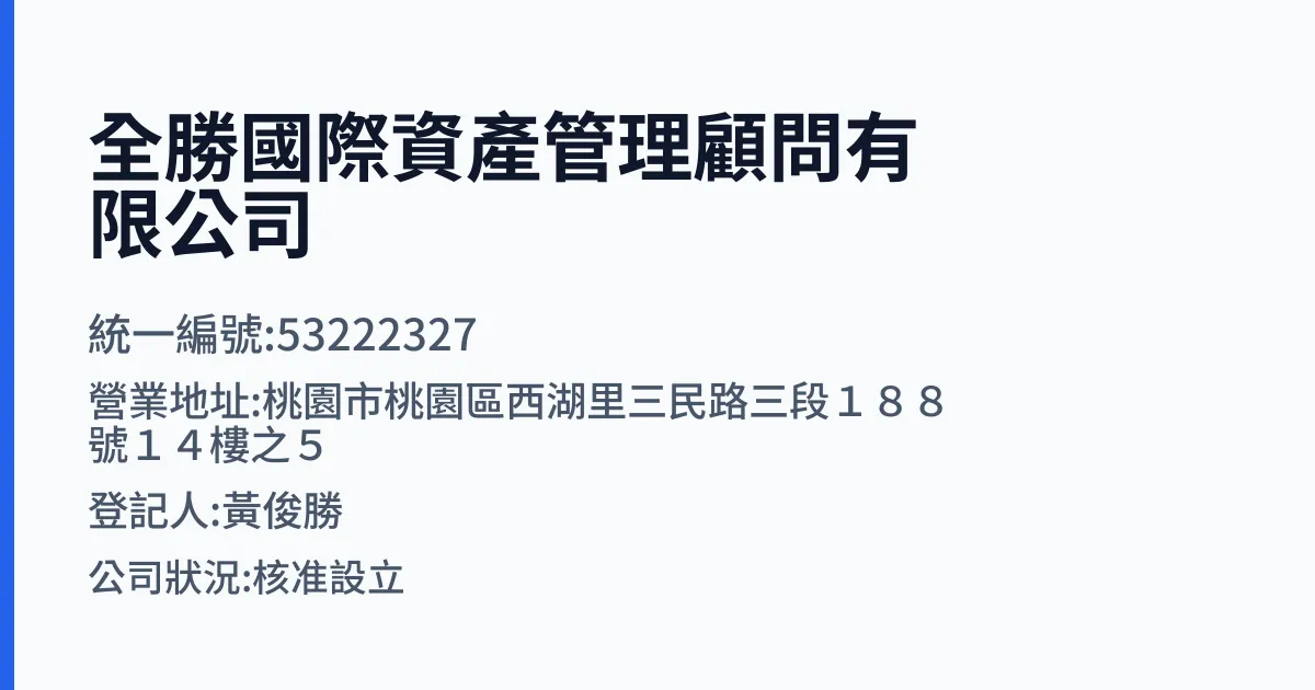 全勝國際資產管理顧問有限公司 - 統編 53222327(桃園市) 公司登記資料與營業項目詳細圖表
