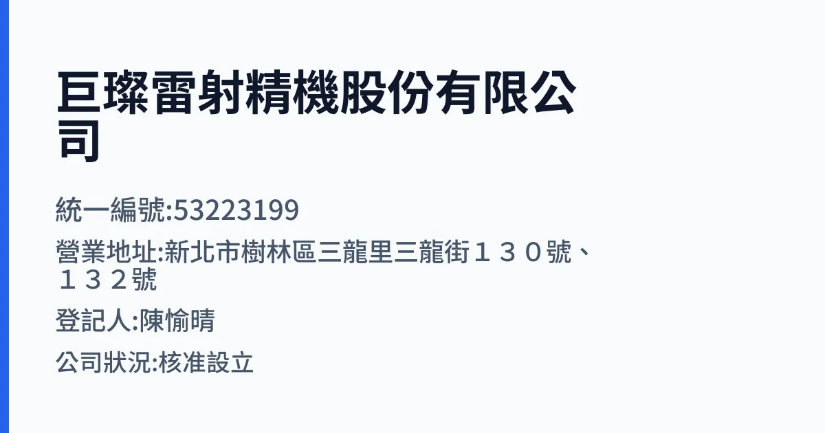 巨璨雷射精機股份有限公司 - 統編 53223199(新北市) 公司登記資料與營業項目詳細圖表
