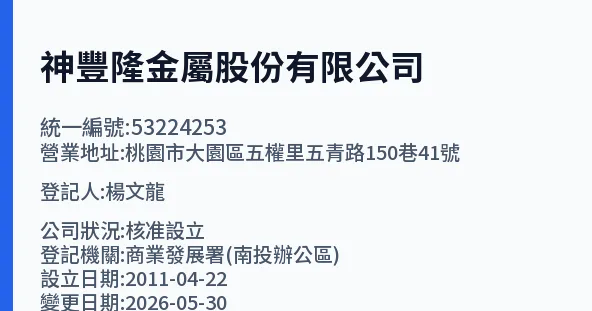 神豐隆金屬股份有限公司的照片-統編 53224253(基隆市) 公司登記資料與營業項目詳細圖表