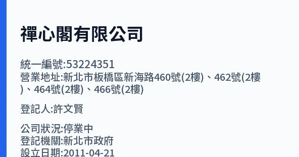 禪心閣有限公司的照片-統編 53224351(新北市) 公司登記資料與營業項目詳細圖表