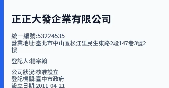 正正大發企業有限公司的照片-統編 53224535(臺北市) 公司登記資料與營業項目詳細圖表