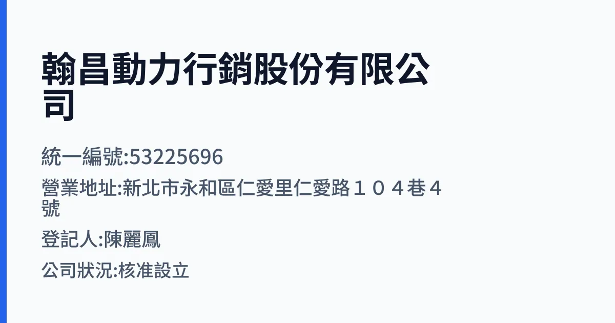 翰昌動力行銷股份有限公司 - 統編 53225696(新北市) 公司登記資料與營業項目詳細圖表