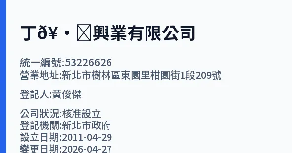 丁𥷏興業有限公司的照片-統編 53226626(新北市) 公司登記資料與營業項目詳細圖表