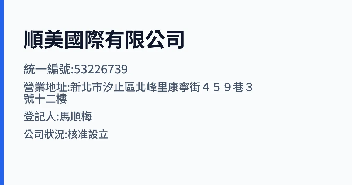 順美國際有限公司 - 統編 53226739(新北市) 公司登記資料與營業項目詳細圖表