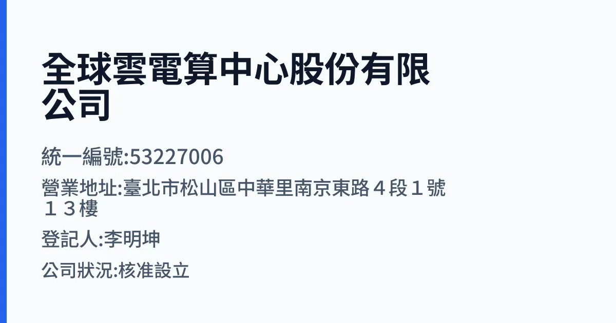 全球雲電算中心股份有限公司 - 統編 53227006(臺北市) 公司登記資料與營業項目詳細圖表