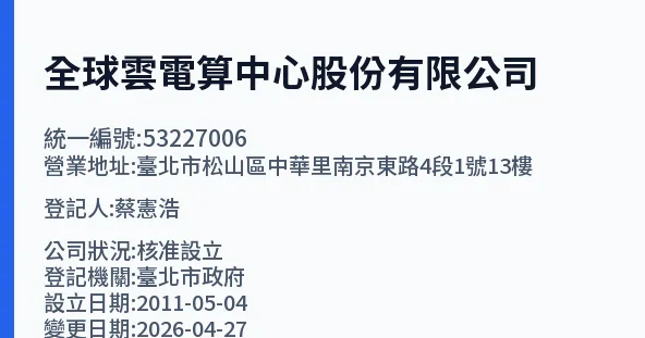 全球雲電算中心股份有限公司的照片-統編 53227006(臺北市) 公司登記資料與營業項目詳細圖表