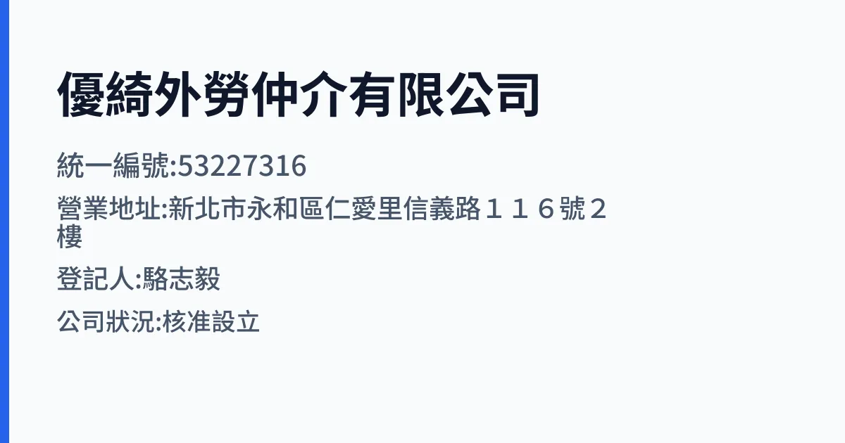 優綺外勞仲介有限公司 - 統編 53227316(新北市) 公司登記資料與營業項目詳細圖表