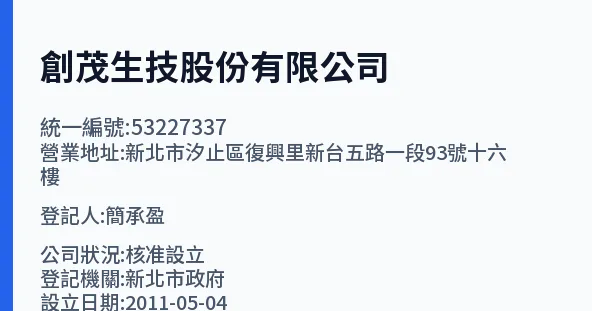 創茂生技股份有限公司的照片-統編 53227337(新北市) 公司登記資料與營業項目詳細圖表