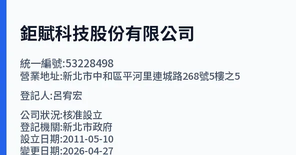 鉅賦科技股份有限公司的照片-統編 53228498(新北市) 公司登記資料與營業項目詳細圖表