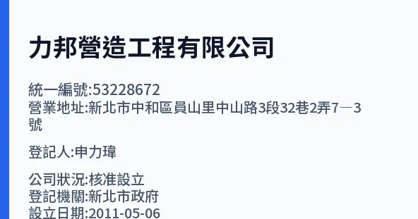 力邦營造工程有限公司的照片-統編 53228672(新北市) 公司登記資料與營業項目詳細圖表