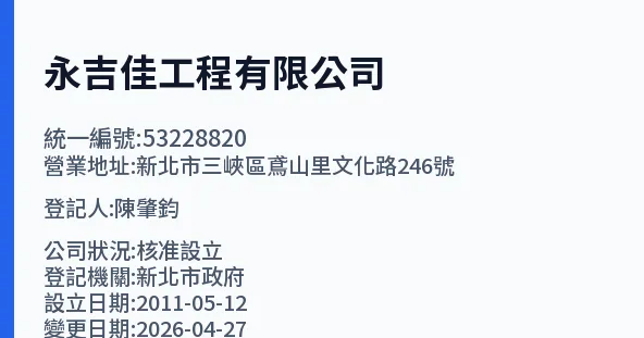 永吉佳工程有限公司的照片-統編 53228820(新北市) 公司登記資料與營業項目詳細圖表