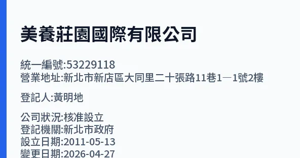 美養莊園國際有限公司的照片-統編 53229118(新北市) 公司登記資料與營業項目詳細圖表