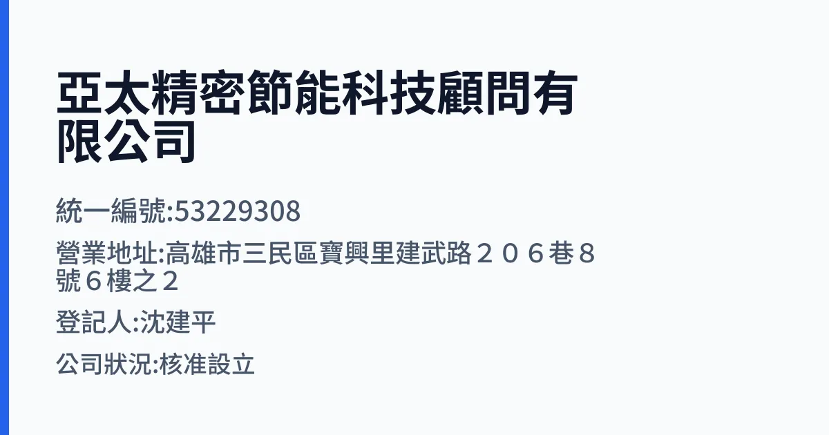 亞太精密節能科技顧問有限公司 - 統編 53229308(高雄市) 公司登記資料與營業項目詳細圖表