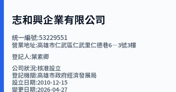 志和興企業有限公司的照片-統編 53229551(高雄市) 公司登記資料與營業項目詳細圖表