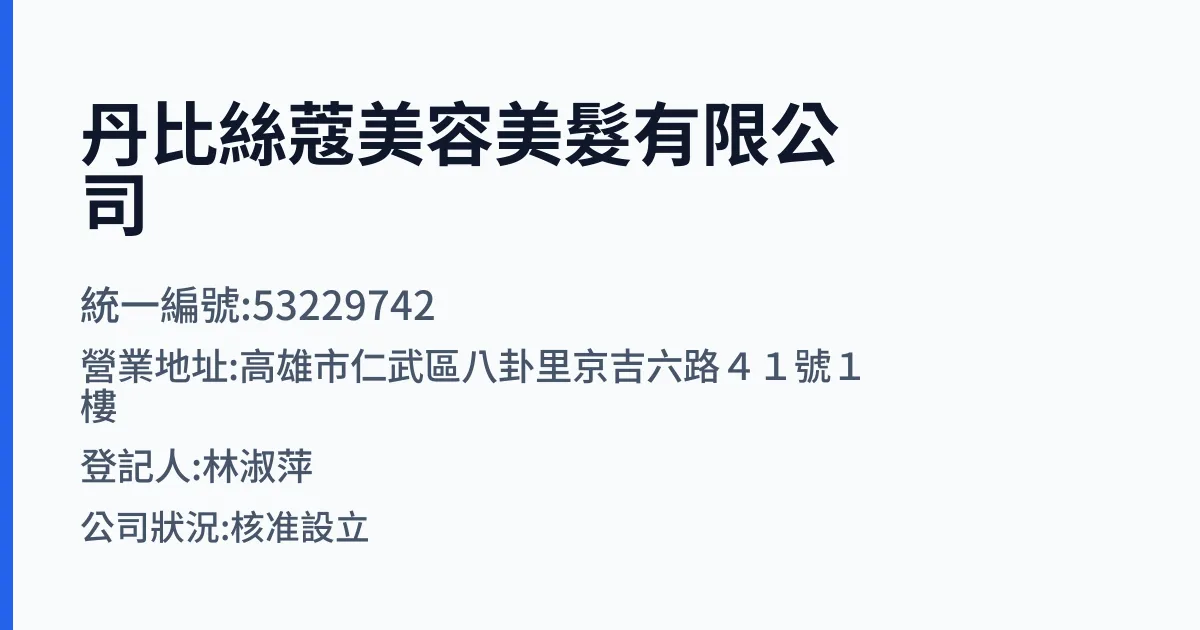 丹比絲蔻美容美髮有限公司 - 統編 53229742(高雄市) 公司登記資料與營業項目詳細圖表