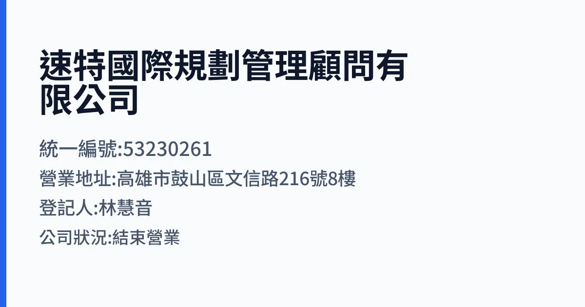 速特國際規劃管理顧問有限公司 - 統編 53230261(高雄市) 公司登記資料與營業項目詳細圖表
