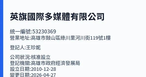 英旗國際多媒體有限公司的照片-統編 53230369(高雄市) 公司登記資料與營業項目詳細圖表