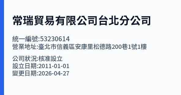 常瑞貿易有限公司台北分公司的照片-統編 53230614(臺北市) 公司登記資料與營業項目詳細圖表
