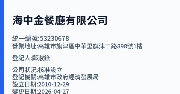 海中金餐廳有限公司的照片-統編 53230678(高雄市) 公司登記資料與營業項目詳細圖表