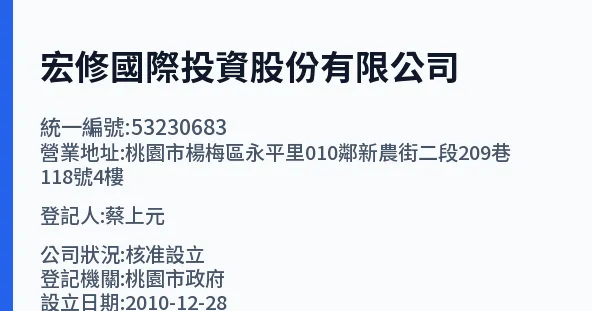 宏修國際投資股份有限公司的照片-統編 53230683(桃園市) 公司登記資料與營業項目詳細圖表