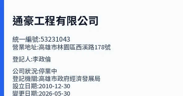 通豪工程有限公司的照片-統編 53231043(高雄市) 公司登記資料與營業項目詳細圖表