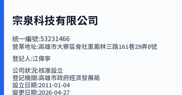 宗泉科技有限公司的照片-統編 53231466(高雄市) 公司登記資料與營業項目詳細圖表