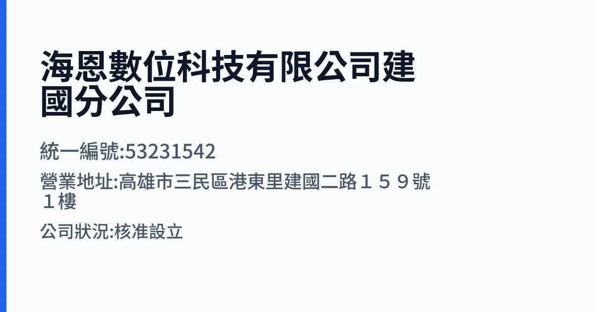 海恩數位科技有限公司建國分公司 - 統編 53231542(高雄市) 公司登記資料與營業項目詳細圖表